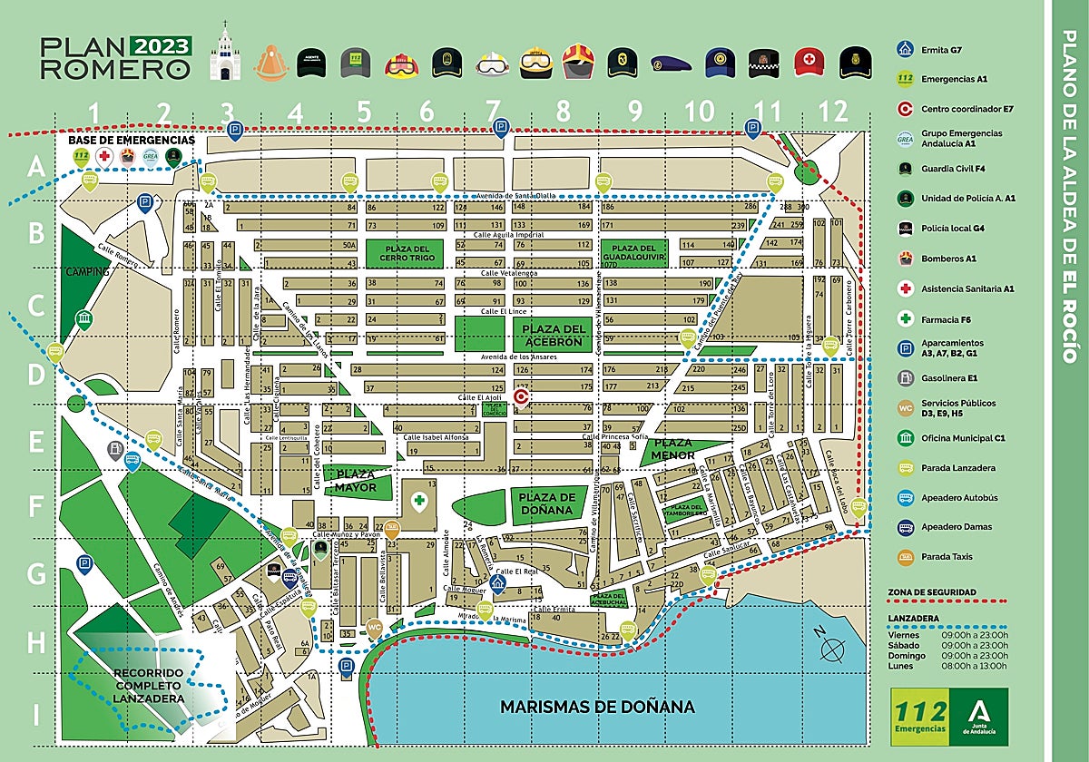 Plano de la aldea del Rocío 2023: todas las calles, paradas de ...