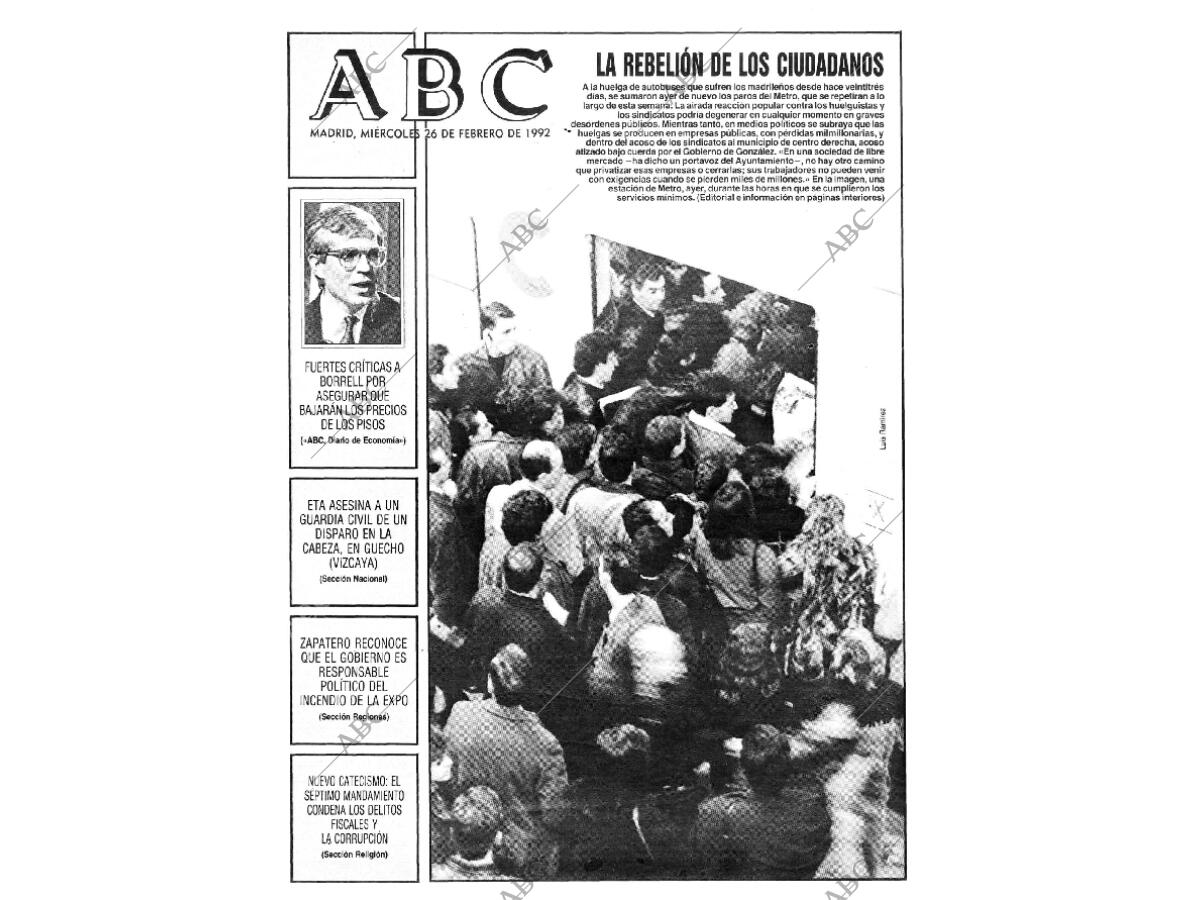 Periódico ABC MADRID 26-02-1992,portada - Archivo ABC